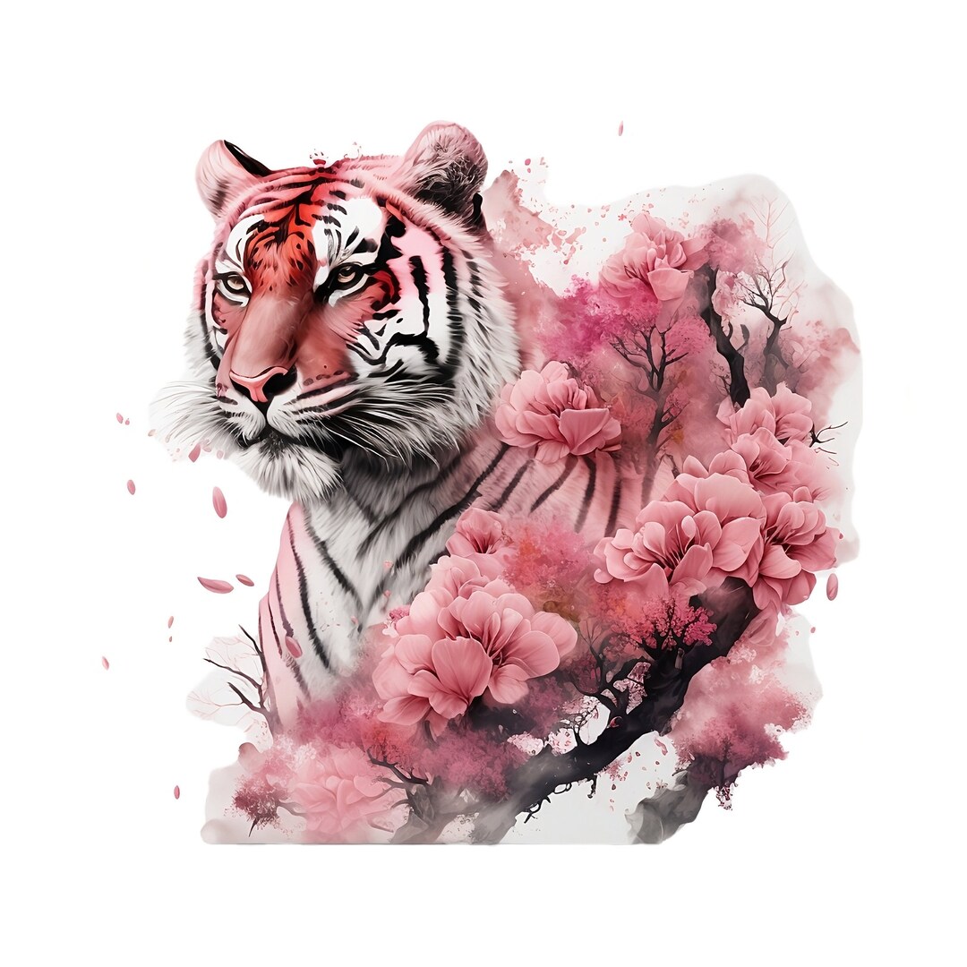 Watercolor Pink Tiger Digital Clipart, Cherry Blossom Tiger Sublimation ...