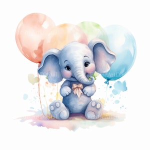 Watercolor Baby Elephant With Balloons Sublimation PNG, Baby Elephant ...