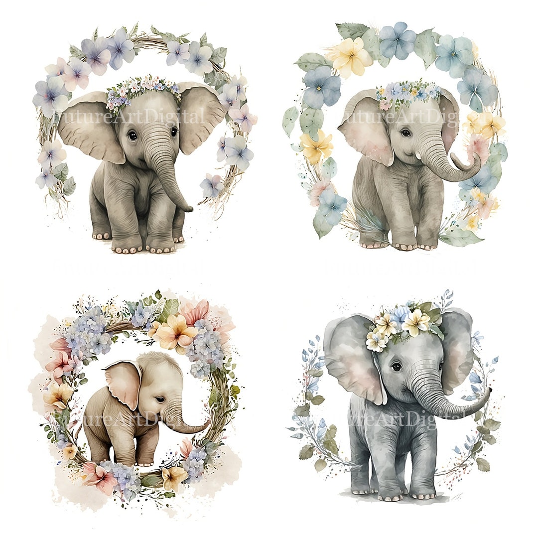 Watercolor Baby Elephant Nursery Wall Art, Baby Elephant Digital ...