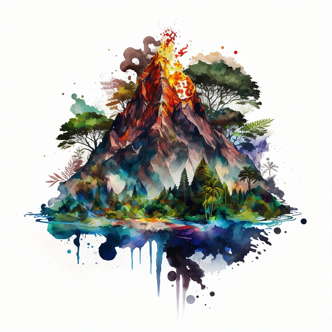 Watercolor Volcano PNG, Volcano on an Island Digital Clipart, Volcano ...