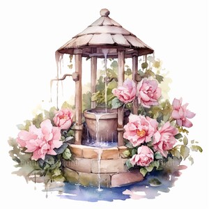 Watercolor Old Well With Flowers Digital Clipart, Rustic Well ...
