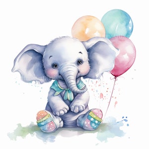Watercolor Baby Elephant With Balloons Sublimation PNG, Baby Elephant ...