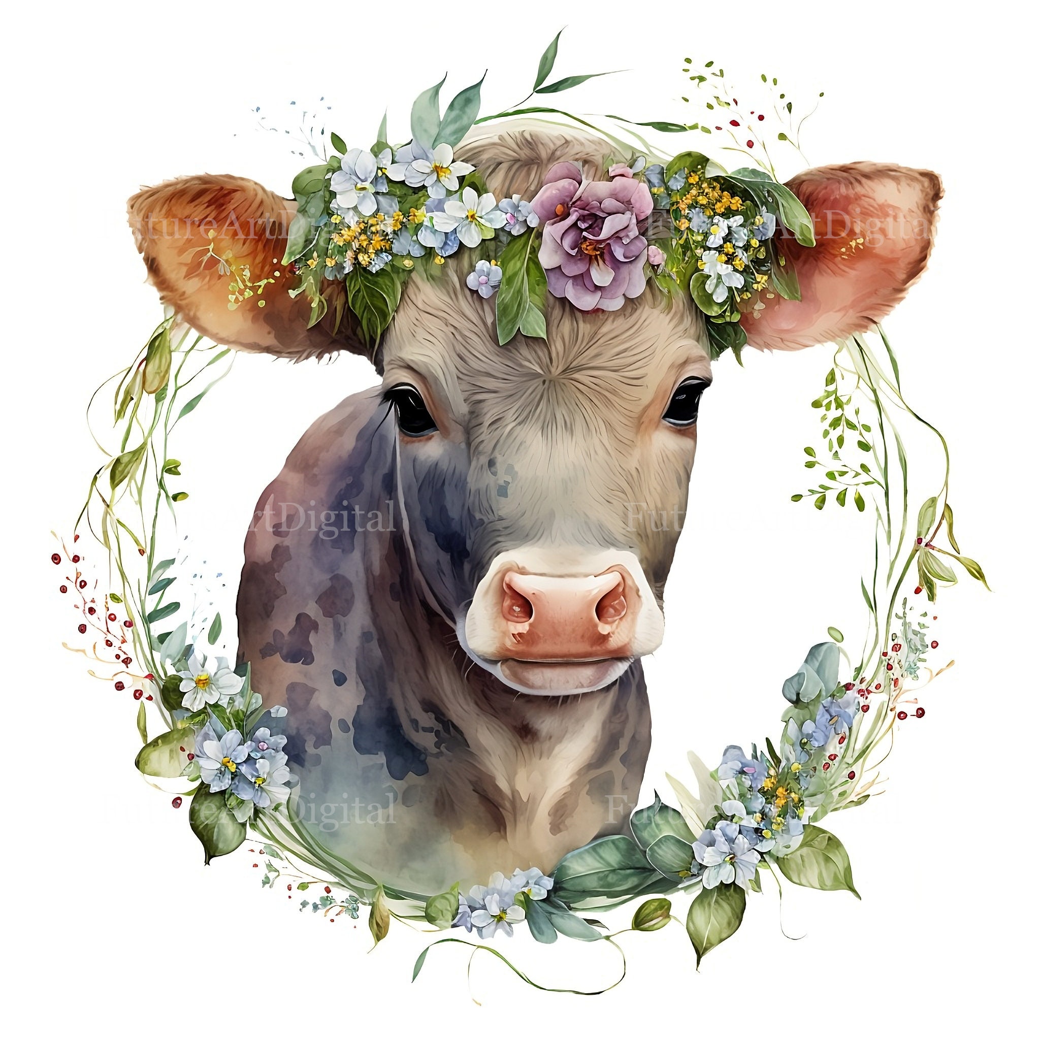 Watercolor Baby Cow With Floral Wreath Sublimation PNG Baby - Etsy