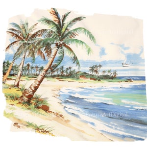 Watercolor Beach With Palm Trees Digital Clipart, Beach Printable Wall ...