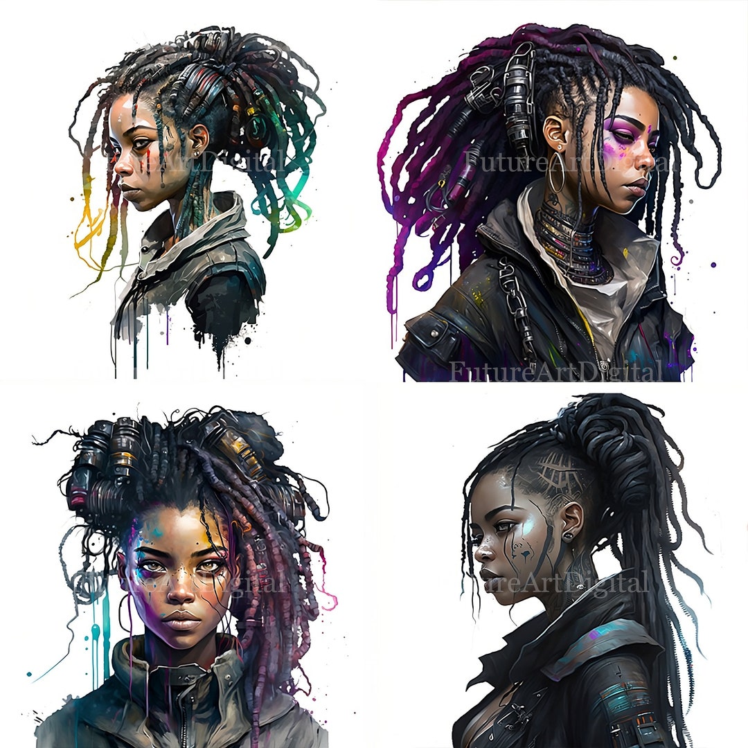 Watercolor Cyberpunk Dreadlock Girl Sublimation PNG, Dread Loc Black ...