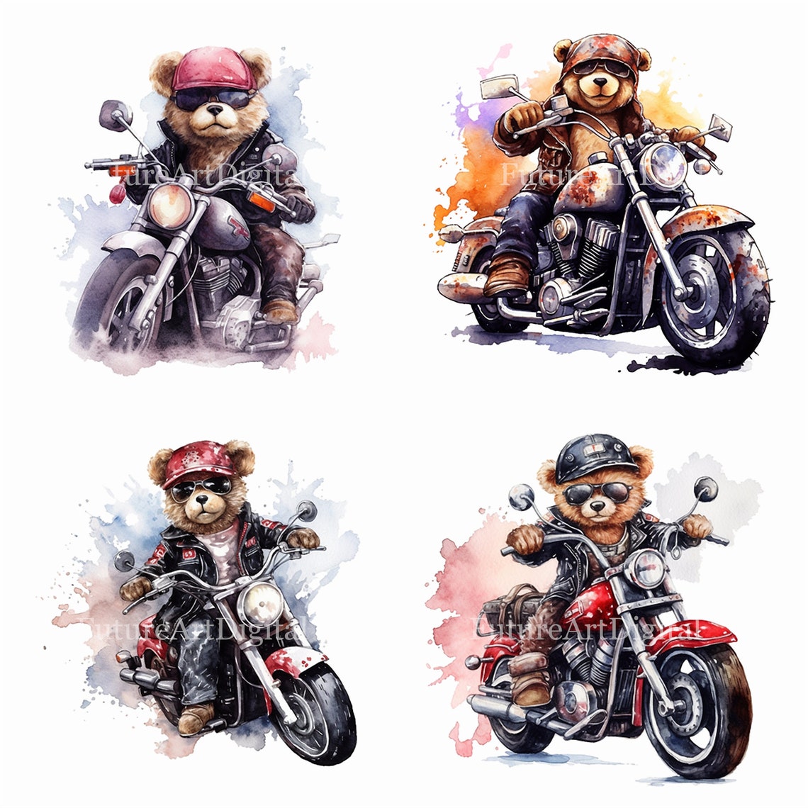 Watercolor Biker Teddy Bear Digital Clipart, Teddy Bear on a Motorcycle ...