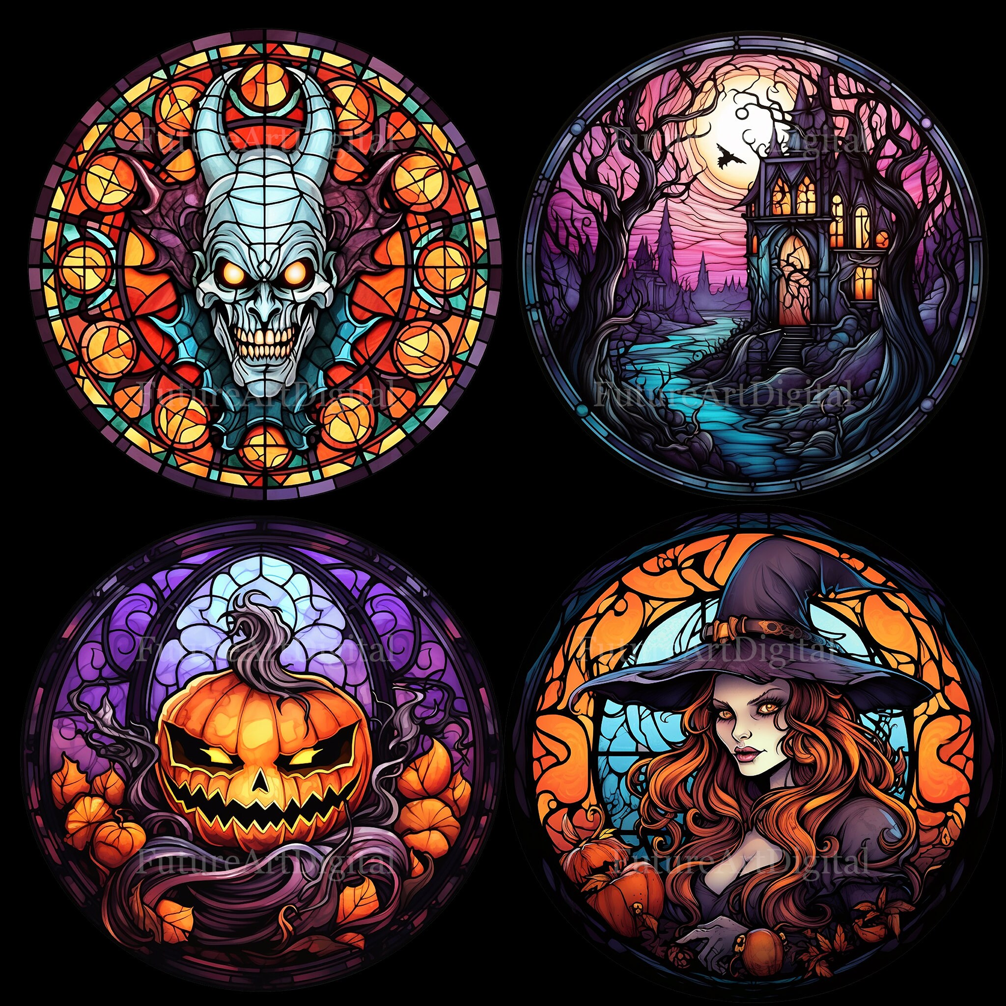 80 Stained Glass Halloween Clipart, Stained Glass Monsters Halloween ...