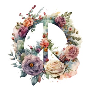 Watercolor Peace Sign With Roses Sublimation PNG, Peace Symbol Digital ...