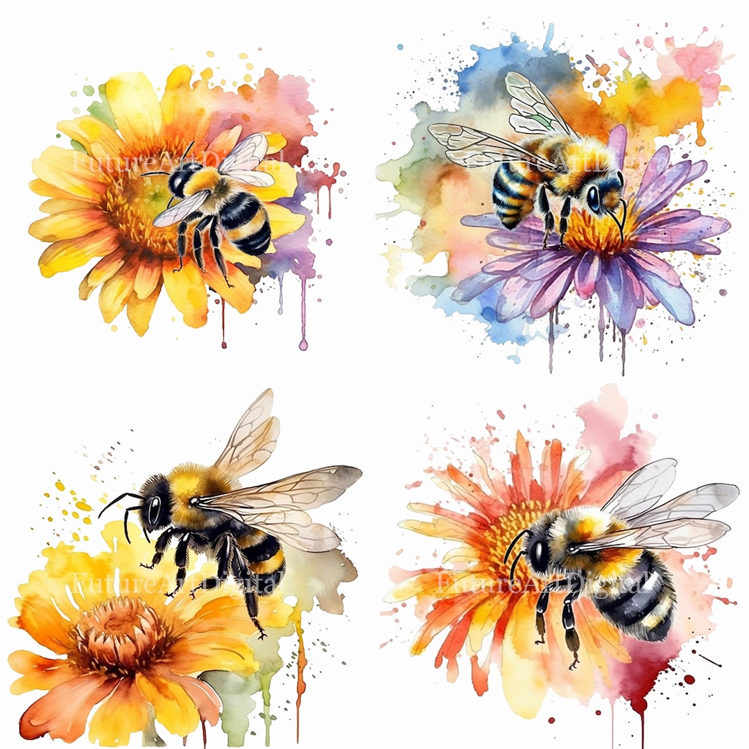 Watercolor Bee on a Flower Sublimation PNG, Bee Printable Wall Art, Bee ...