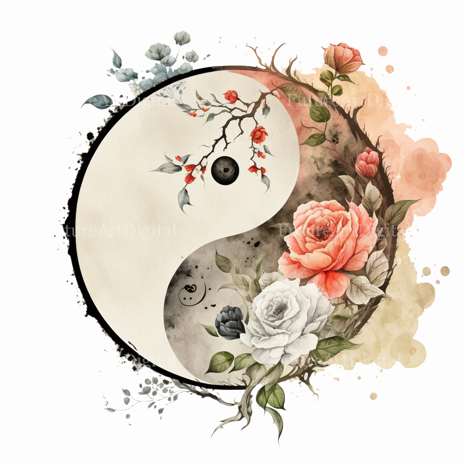 Watercolor Yin Yang Sign With Roses Printable Wall Art, Yin Yang Sign ...
