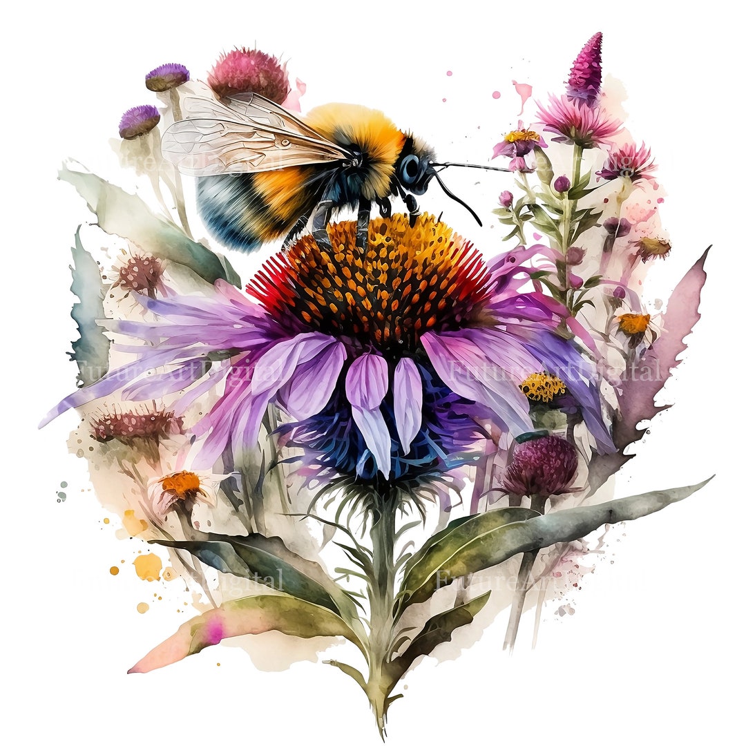 Watercolor Bee With Flowers PNG, Bee Digital Clipart, Bee Sublimation ...