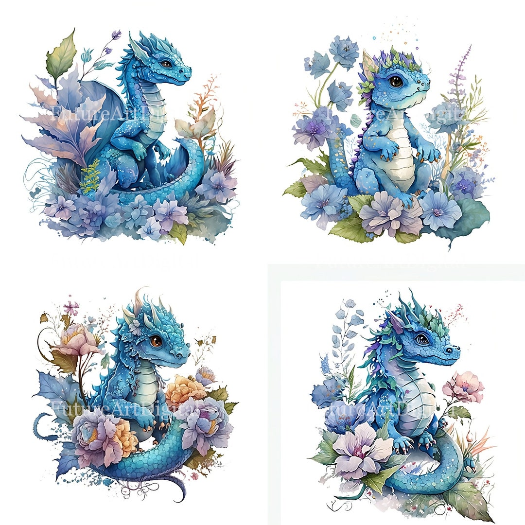 Watercolor Baby Blue Dragon Sublimation PNG, Baby Blue Dragon With ...