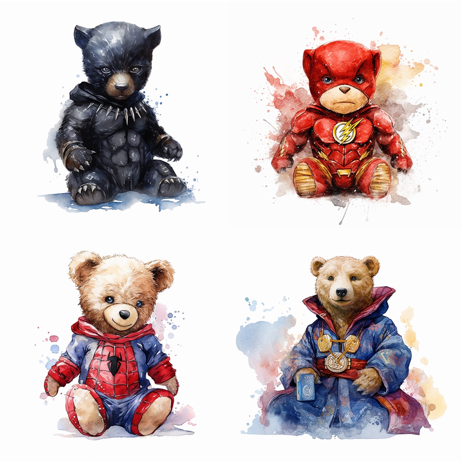 Watercolor Set of 8 Superhero Teddy Bear Printable Wall Art, Teddy Bear ...