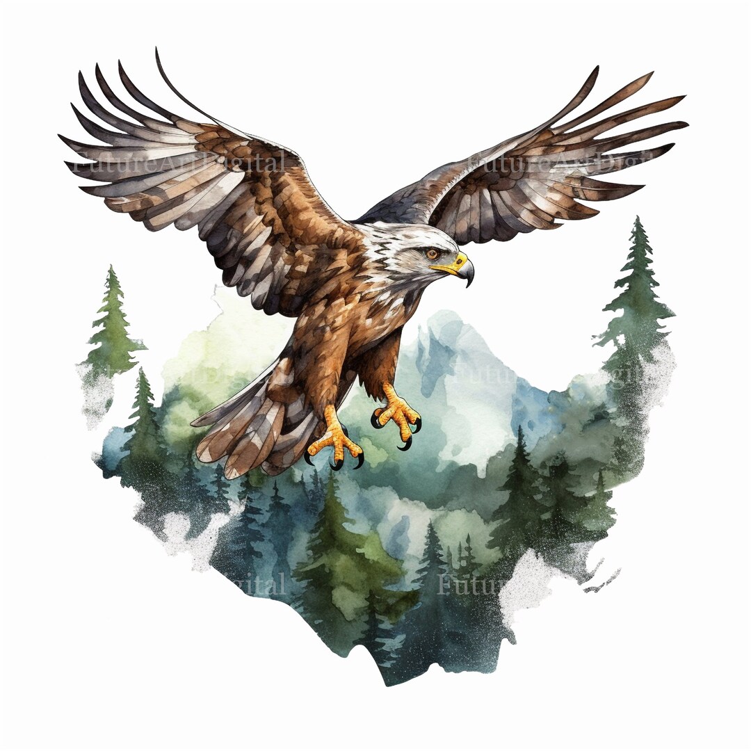 Watercolor Falcon With Mountains Digital Clipart, Falcon Printable Wall ...