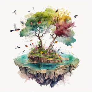Watercolor Tree on a Floating Island Sublimation Clipart, Giant Tree ...