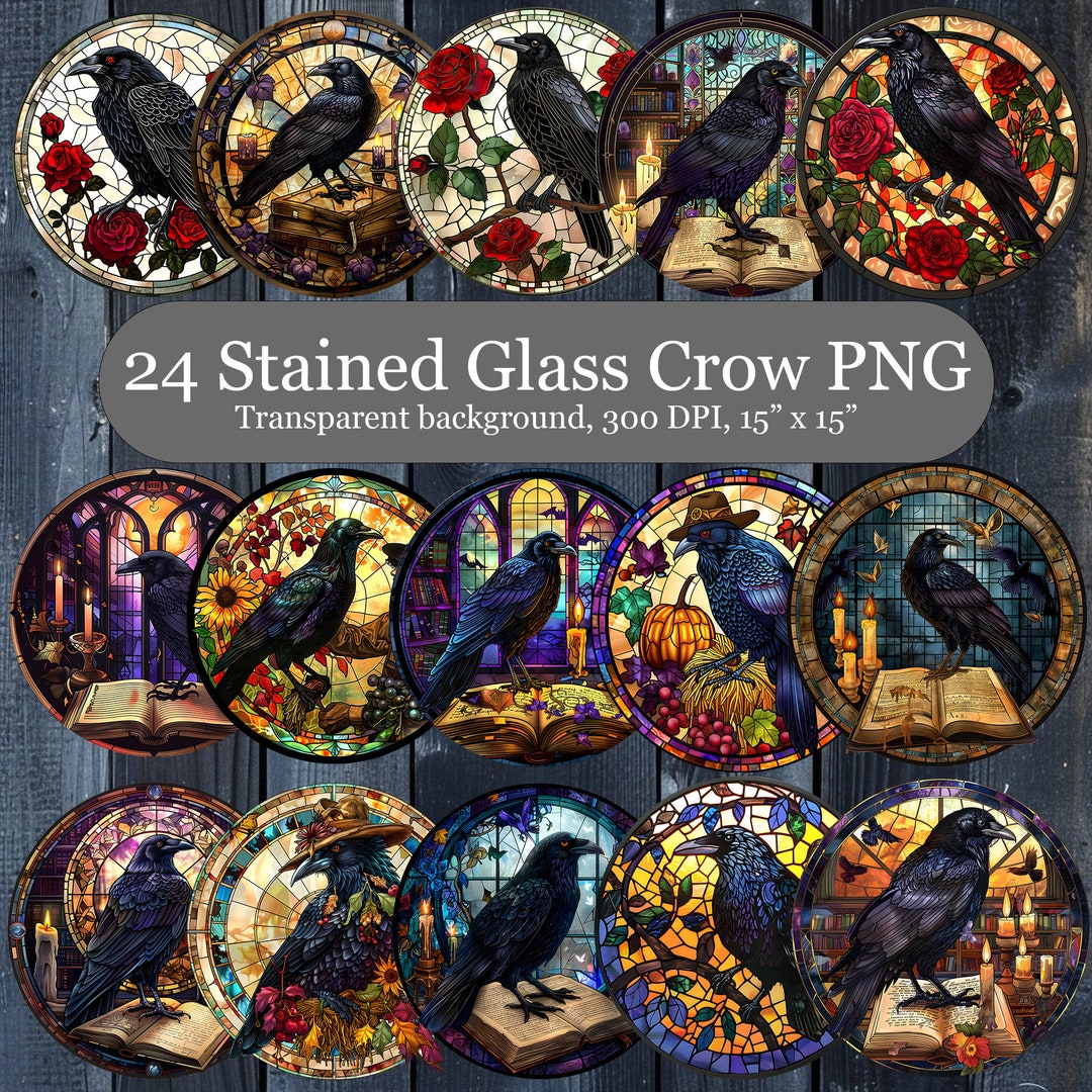 Stained Glass Crow Bundle, 24 Round Stained Glass Crow Sublimation ...