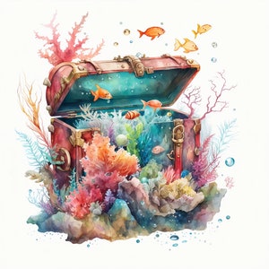 Watercolor Treasure Chest PNG, Underwater Sea Life With Treasure Chest ...
