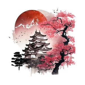 Watercolor Japan Castle PNG, Cherry Blossom Digital Clipart, Red Moon ...