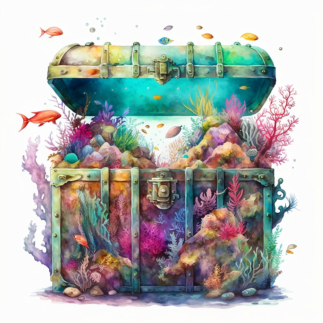 Watercolor Treasure Chest PNG, Underwater Sea Life With Treasure Chest ...