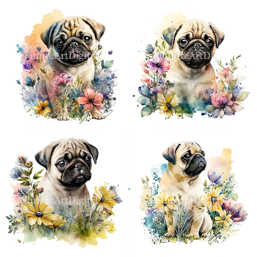 Watercolor Pug Puppy Nursery Room Art, Pug Puppy Sublimation Clipart ...