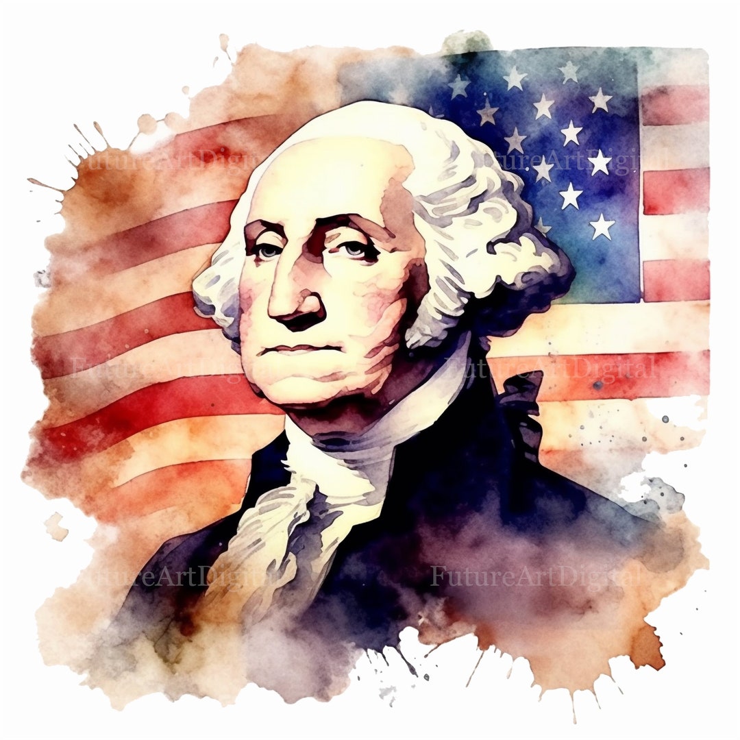 Watercolor George Washington With American Flag Digital Clipart, George ...