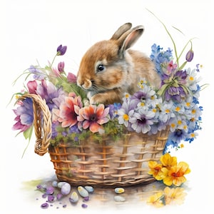 Watercolor Easter Bunny Sublimation PNG, Easter Bunny Baby in a Basket ...
