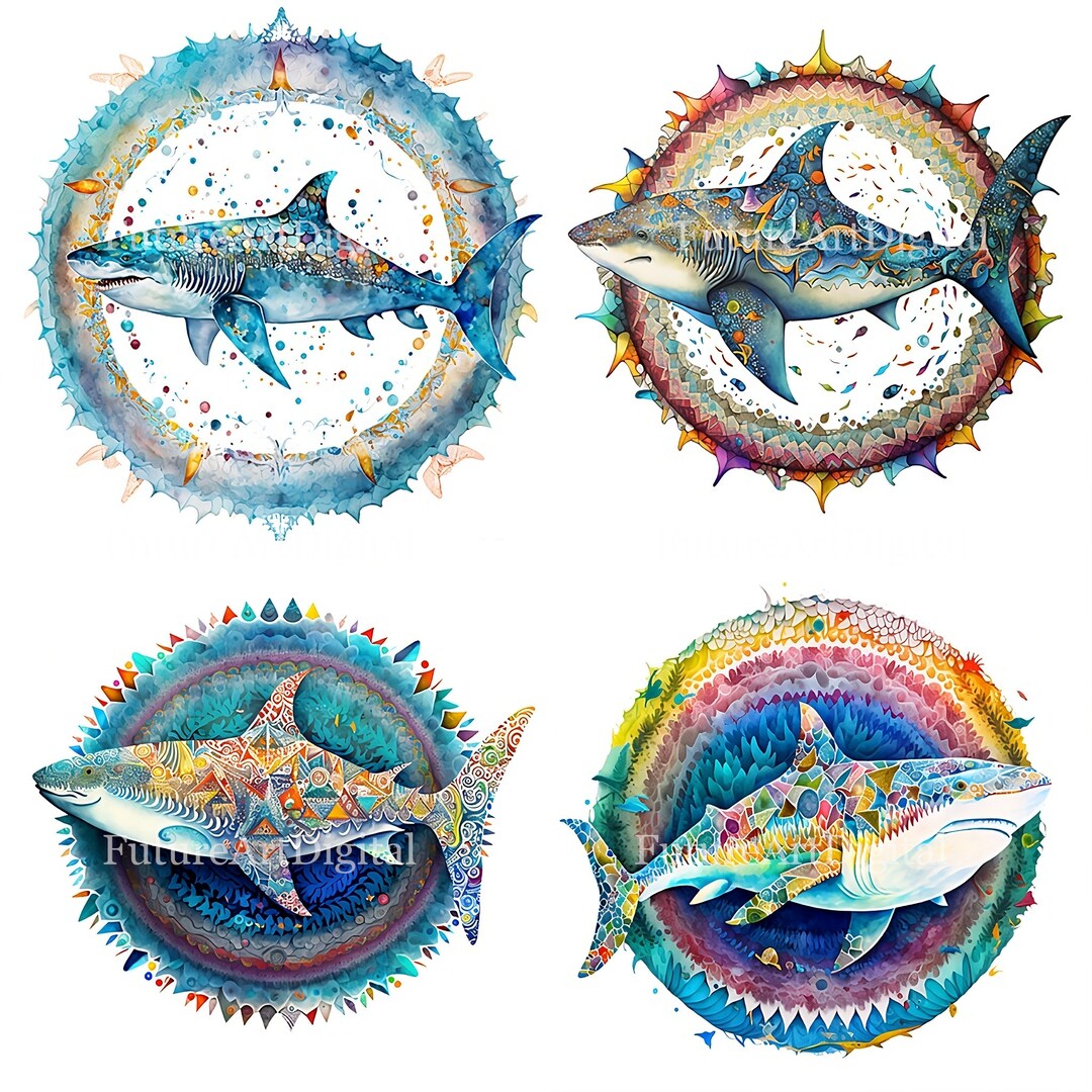 Watercolor Mandala Shark Digital Clipart, Shark Printable Wall Art ...