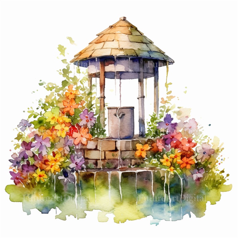 Watercolor Old Well With Flowers Digital Clipart, Rustic Well ...