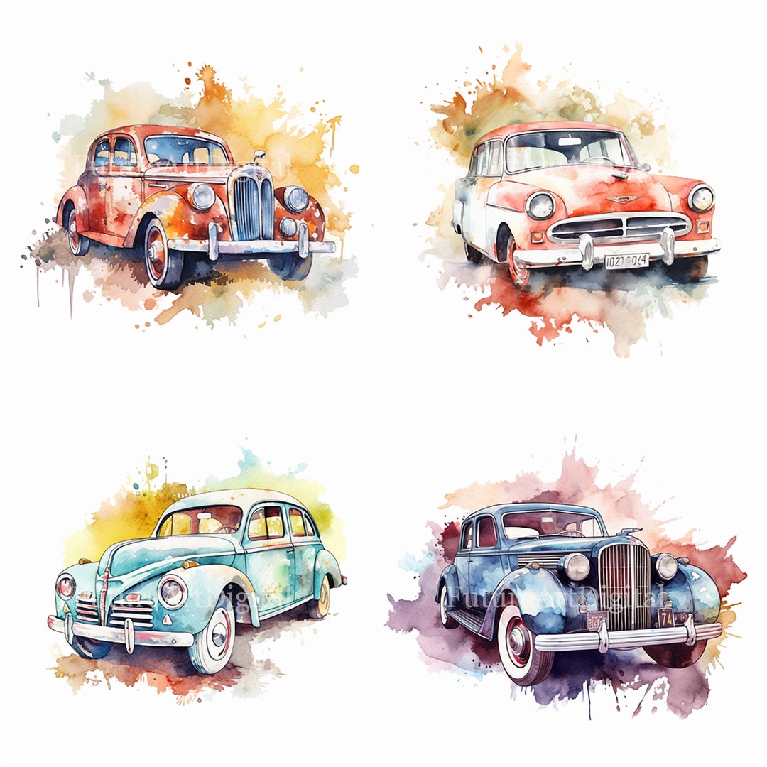 Watercolor Vintage Car Sublimation PNG, Retro Car Digital Clipart ...