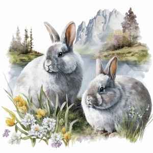 Watercolor Angora Bunny Couple Printable Wall Art, Angora Bunnies ...