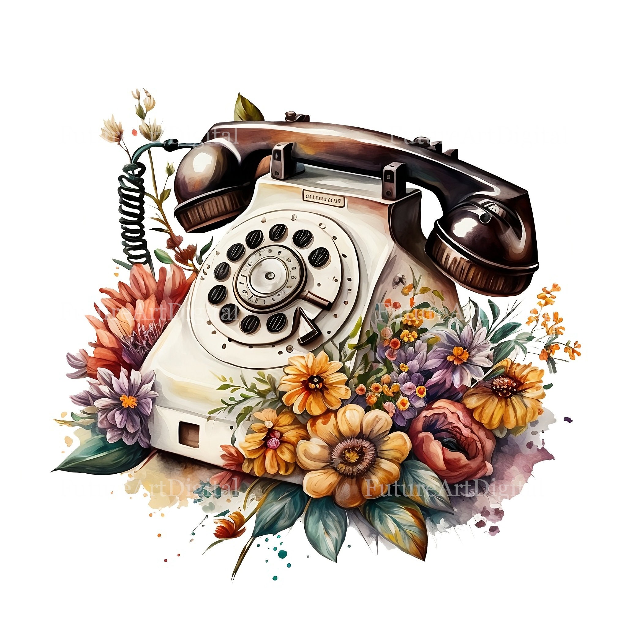 Watercolor Retro Landline Phone Sublimation PNG, Retro Telephone ...