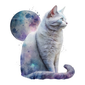 Watercolor Celestial Moon Cat PNG, Moon Cat Digital Clipart, Cat ...