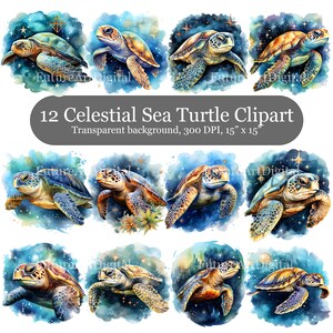 12 Watercolor Sea Turtle Digital Clipart, Celestial Sea Turtle Scrapbooking Clipart Bundle ...