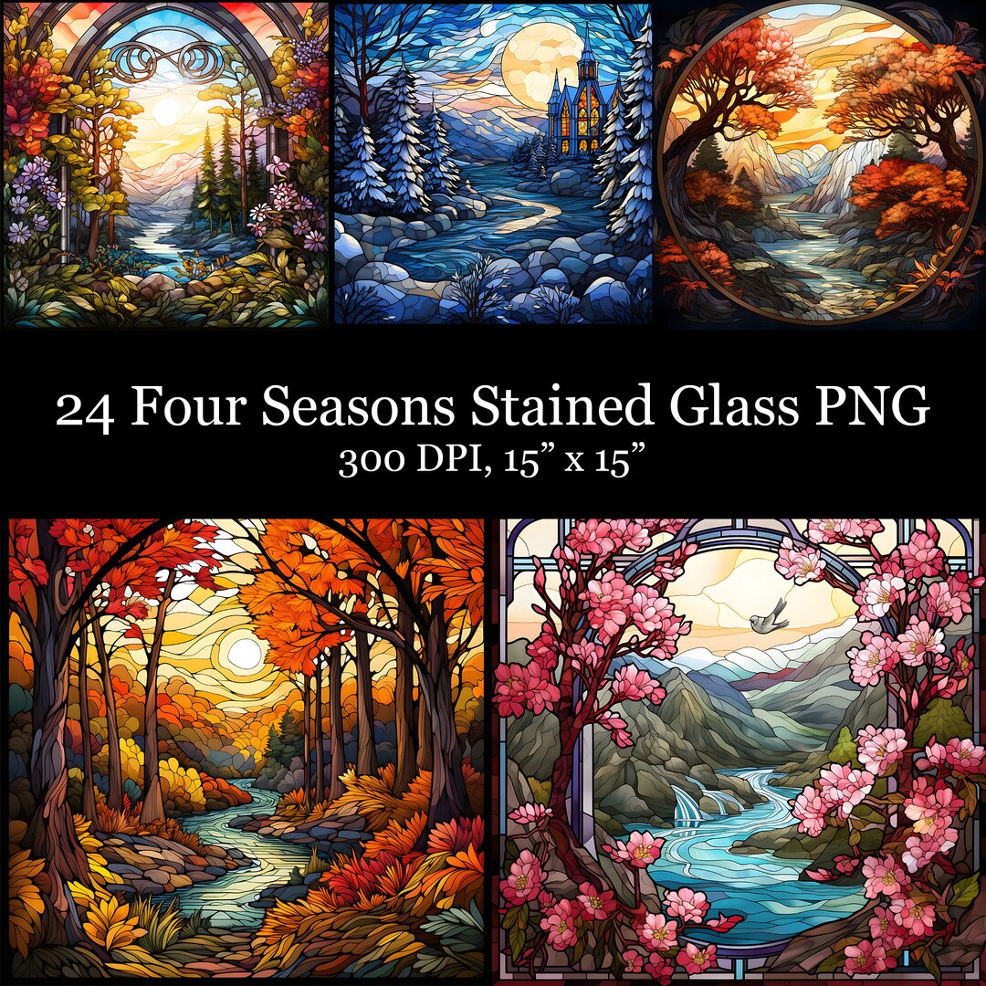 Stained Glass Seasons Clipart Bundle, 4 Seasons Tumble Wrap PNG, Winter ...