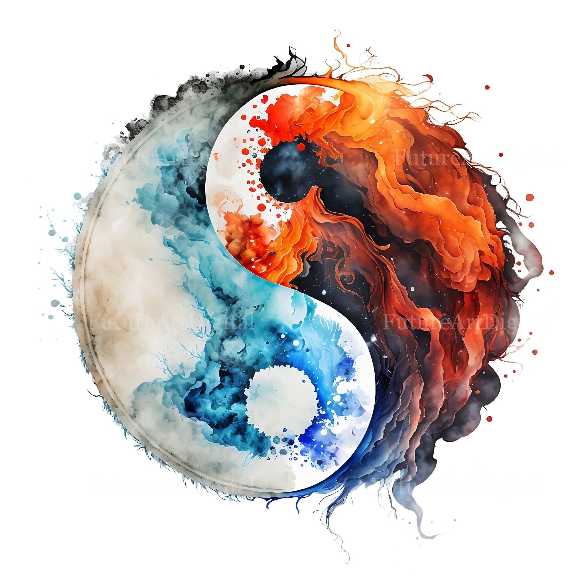 Watercolor Fire and Ice Yin Yang Sign Sublimation PNG, Yin Yang Sing ...