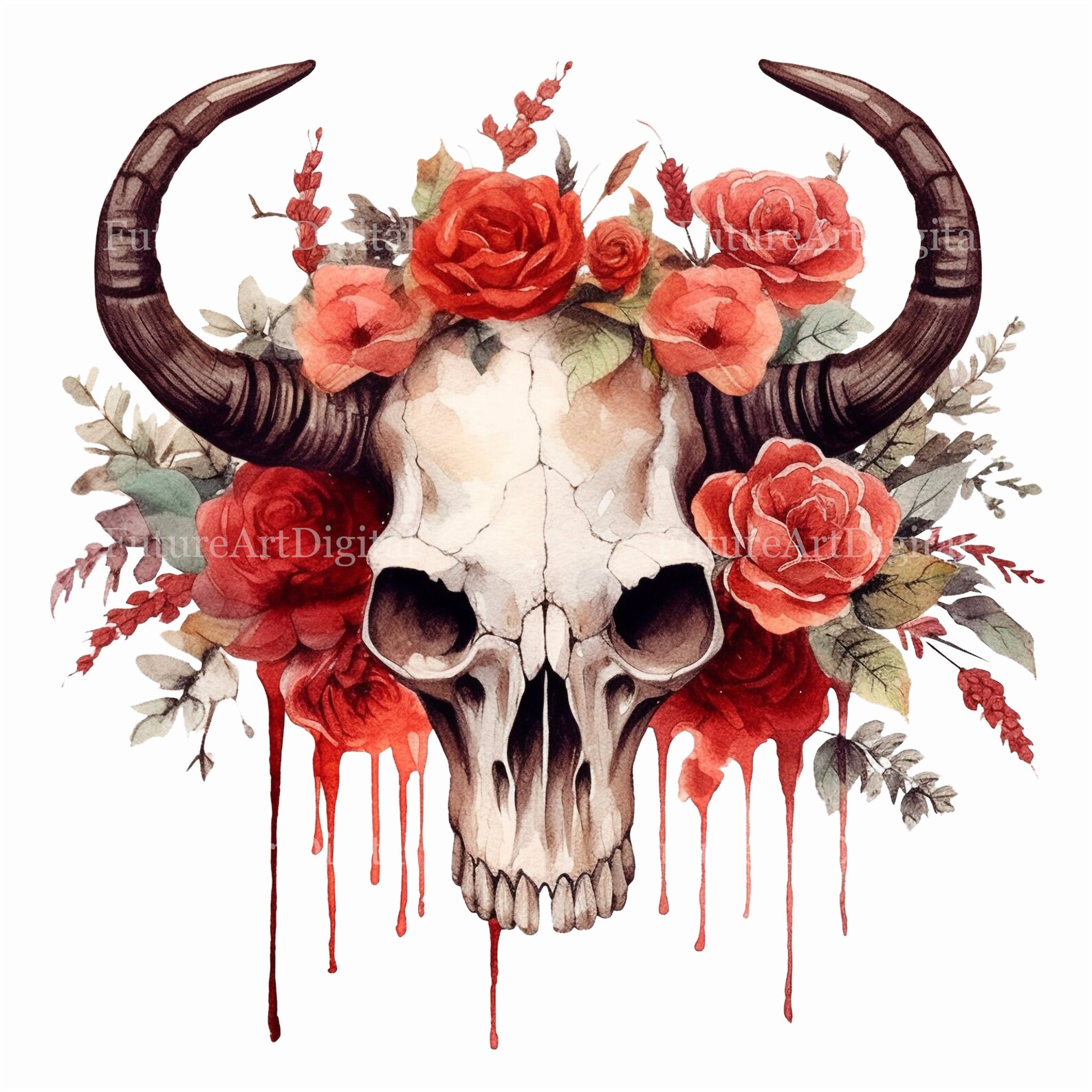 Watercolor Devil Skull With Red Roses Digital Clipart, Devil Printable ...