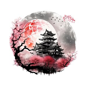 Watercolor Japan Castle PNG, Cherry Blossom Digital Clipart, Red Moon ...