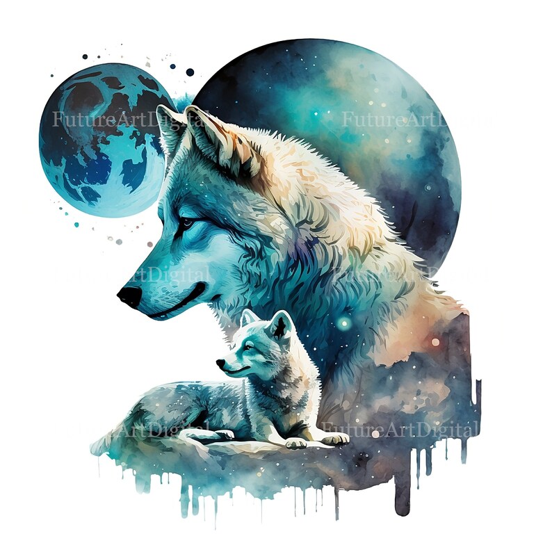Watercolor Celestial Moon Wolf Mom and Baby Digital Clipart, Wolf ...