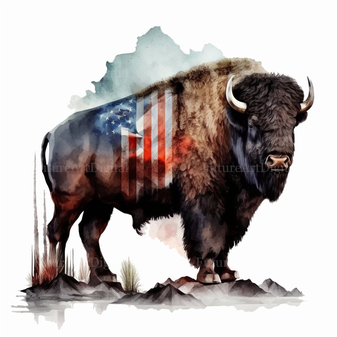 Watercolor American Bison Sublimation PNG, Patriotic Bison Digital ...