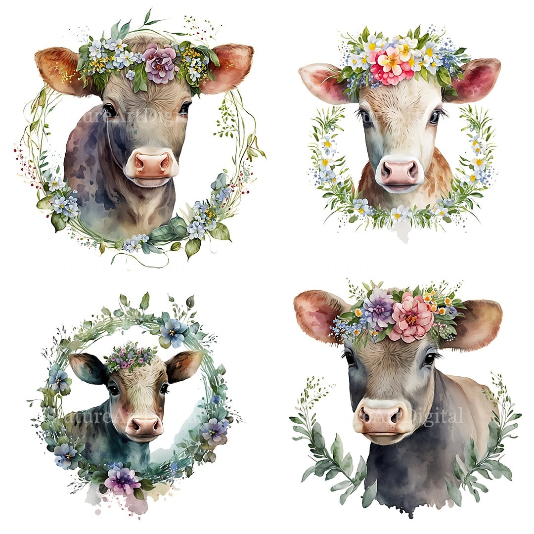 Watercolor Baby Cow With Floral Wreath Sublimation PNG, Baby Cow ...