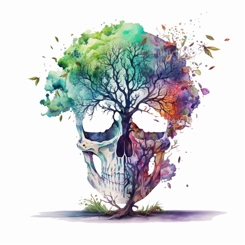 Watercolor Skull With Tree of Life Sublimation PNG Tree of - Etsy