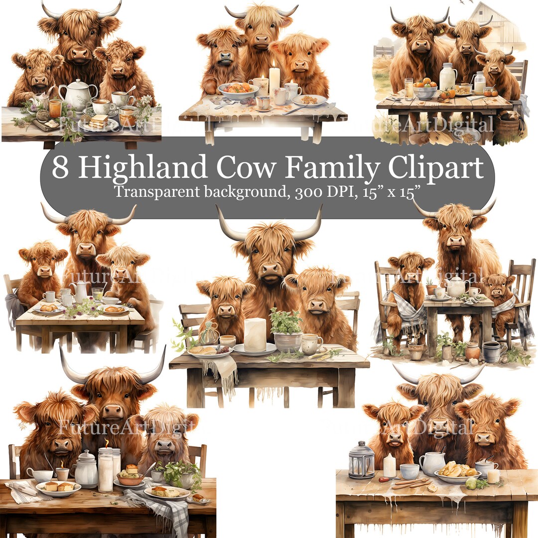 Highland Cow Family at the Table Digital Clipart, Highland Cow Family ...