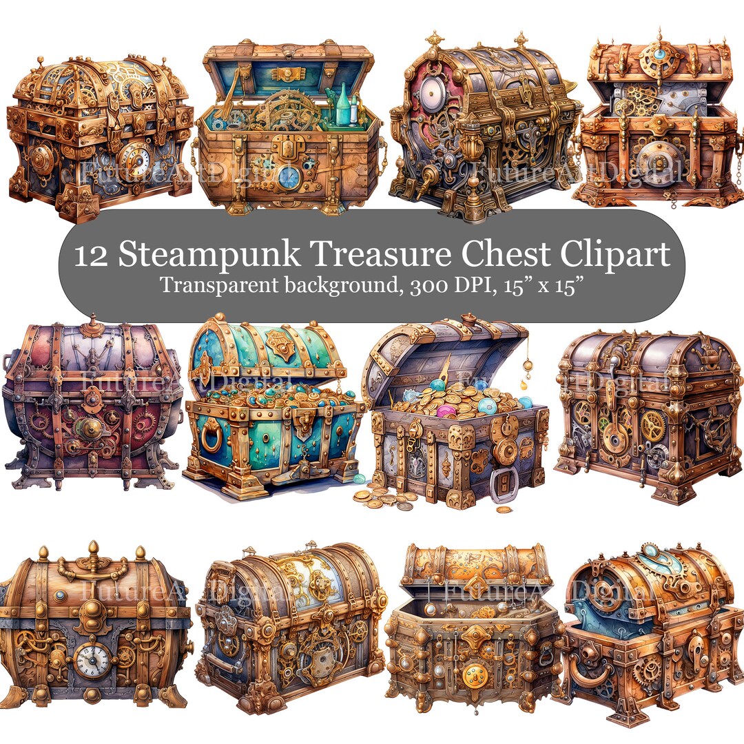 12 Watercolor Steampunk Treasure Chest Digital Clipart, Treasure Chest ...
