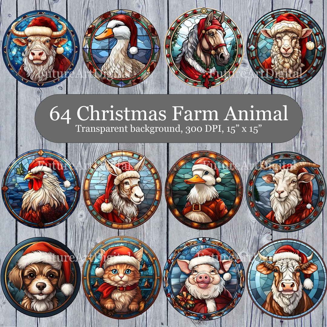64 Christmas Farm Animals Digital Clipart, Bundle of Stained Glass Farm ...