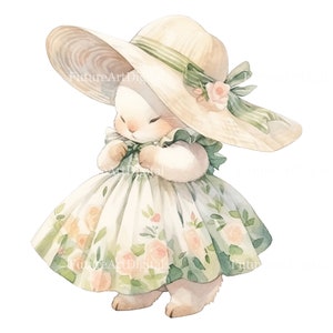 Watercolor Cute Bunny in a Dress and Hat Digital Clipart, Bunny in a ...