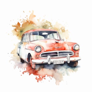 Watercolor Vintage Car Sublimation PNG, Retro Car Digital Clipart ...