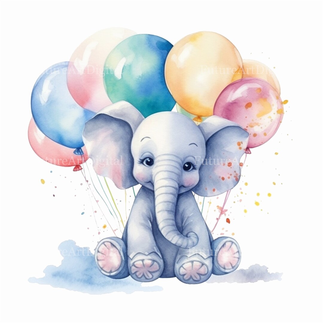 Watercolor Baby Elephant With Balloons Sublimation PNG, Baby Elephant ...
