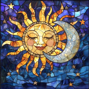 Moon and Sun Stained Glass PNG, Printable Celestial Stained Glass ...