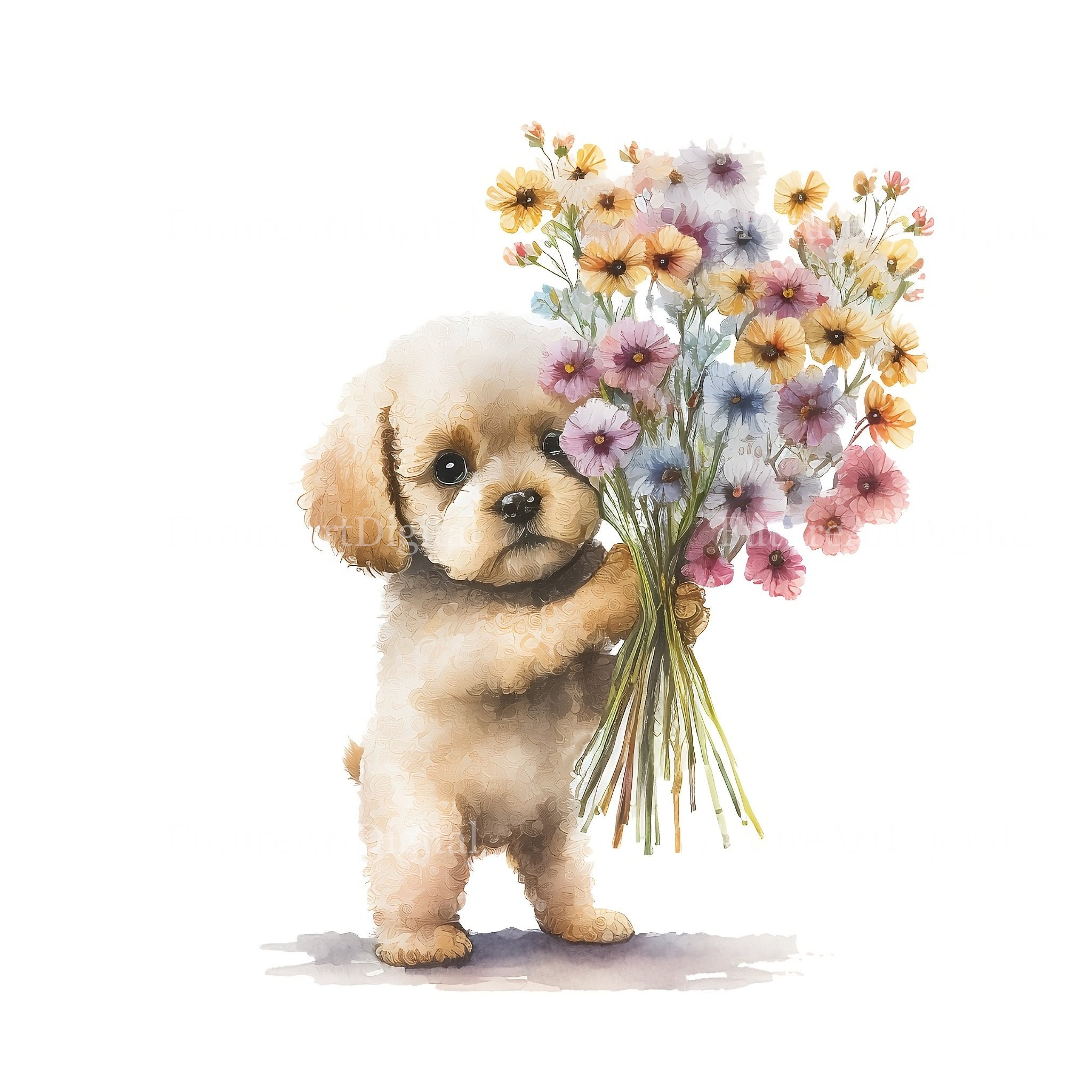 Watercolor Puppy With a Flower Bouquet Digital Clipart, Puppy With ...