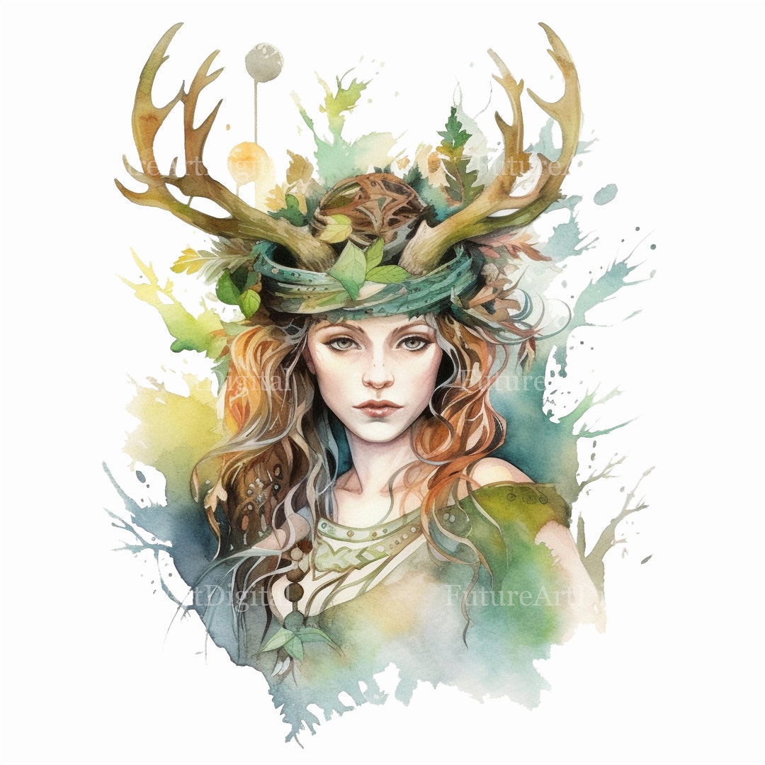 Watercolor Celtic Fairy Wearing Antlers Digital Clipart, Celtic Fairy ...